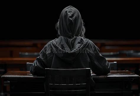 A Hacker In A Black Hoodie Sitting At A Table With A Laptop Computer Against A Dark Background