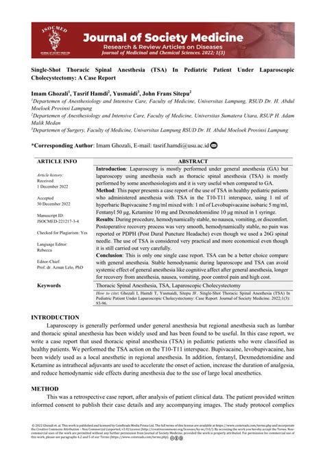 Pdf Single Shot Thoracic Spinal Anesthesia Tsa In Pediatric Patient Under Laparoscopic