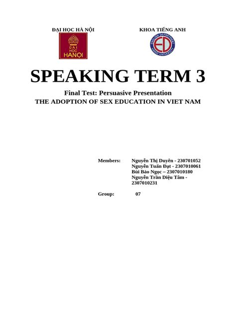 Speaking Term 3 Persuasive Presentation Detailed Outline For Sex