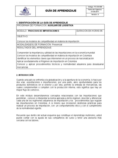 Guia de Aprendizaje Procesos de Importacion | PDF | aduana | Arancel