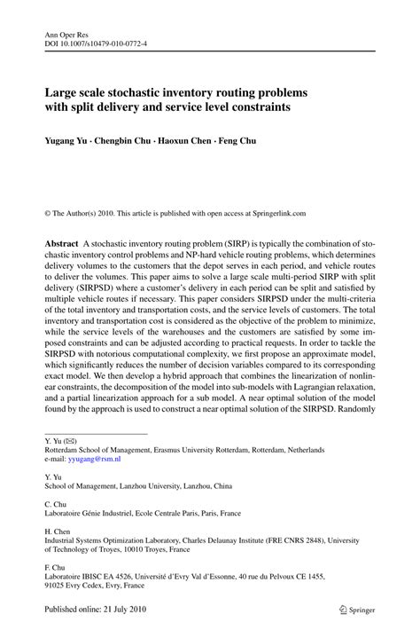 Pdf Large Scale Stochastic Inventory Routing Problems With Split Delivery And Service Level