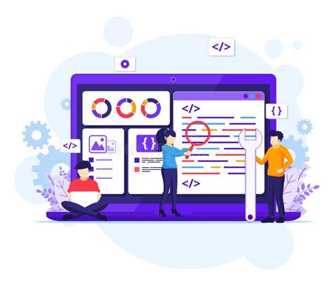 Software Development Concept People Work On A Giant Laptop Programming And Coding Stock Vector