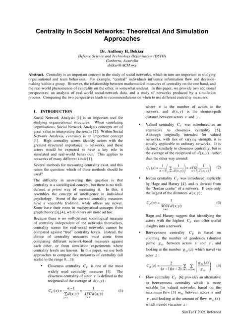 Pdf Centrality In Social Networks Theoretical And Simulation Approaches