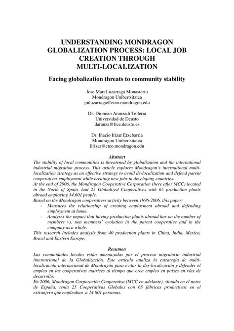 Pdf Understanding Mondragon Globalization Process Local Job Creation