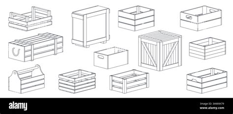 Linear Wooden Boxes Closed And Open Crate Packages Isometric Outline