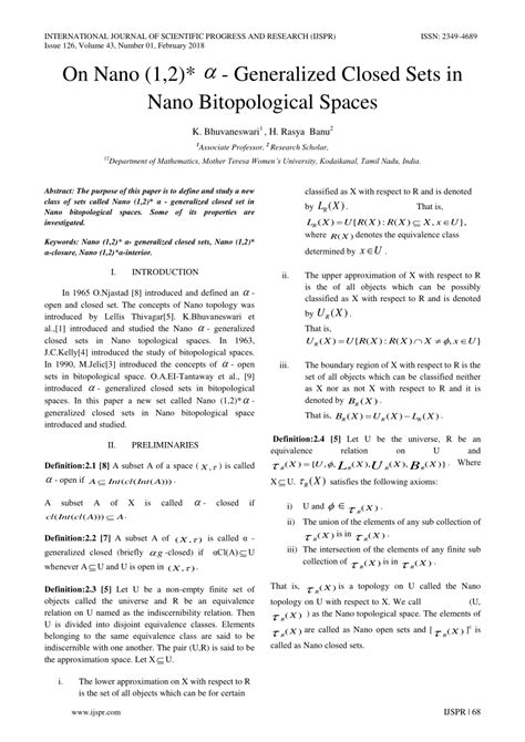 Pdf On Nano 1 2 Generalized Closed Sets In Nano Bitopological Spaces