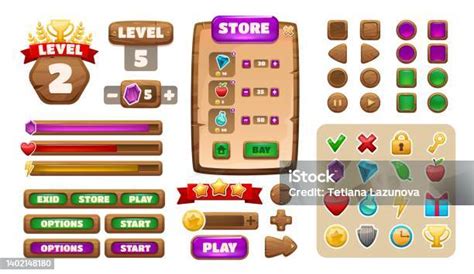 게임 Ui 자산 만화 나무 메뉴 인터페이스 요소 버튼 아이콘 패널 진행률 막대 체크 박스 및 레벨 표시기 컬렉션 벡터 세트 여가활동 게임에 대한 스톡 벡터 아트 및 기타