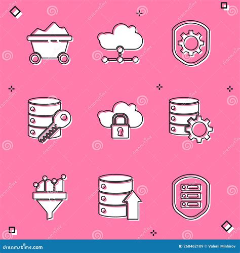 Set Coal Mine Trolley Network Cloud Connection Shield With Settings Gear Server Security Key