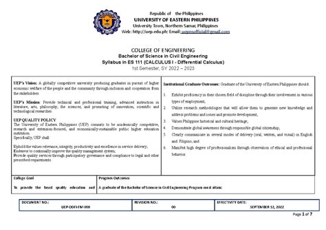 Differential Calculus Syllabus College Of Engineering Bachelor Of Science In Civil Engineering
