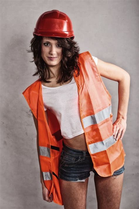 Girl In Safety Helmet And Orange Vest Stock Image Image Of Industrial Worker 102674707