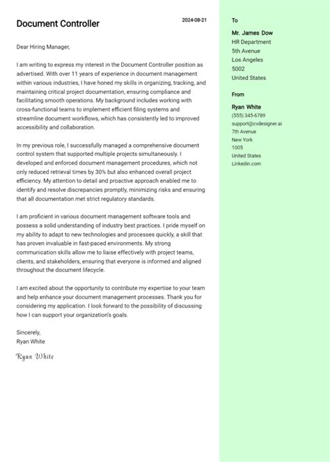 Document Controller Cover Letter Examples And Templates For 2025 Cvdesigner Ai