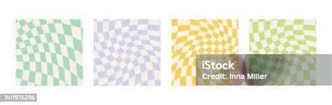 화려한 여름 색상의 트위스트 깅엄 바둑판 배경 세트 그루비 히피 체스 보드 패턴 레트로 물결 모양의 60 년대 70 년대 추상적