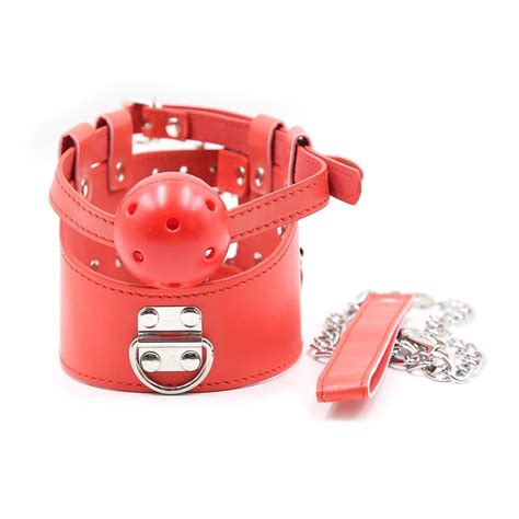 Ball Gag Bondage Collar With Lead Lace And Leather