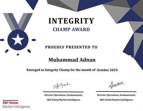 I Am Thrilled To Share That I Have Been Awarded With Integrity Champ Award Muhammad Adnan