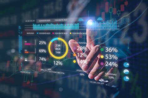 다이어그램 또는 주식 시장 데이터를 확인하는 사업가 데이터 분석의 개념에서 빅 데이터 기술 및 데이터 과학 데이터 사이언티스트는 가상 화면에서 복잡한 세트를 쿼리 분석 및