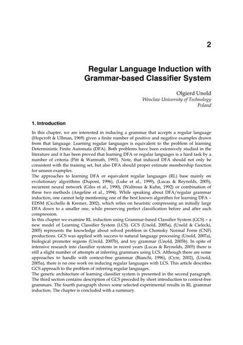Pdf Regular Language Induction With Grammar Based Classifier System