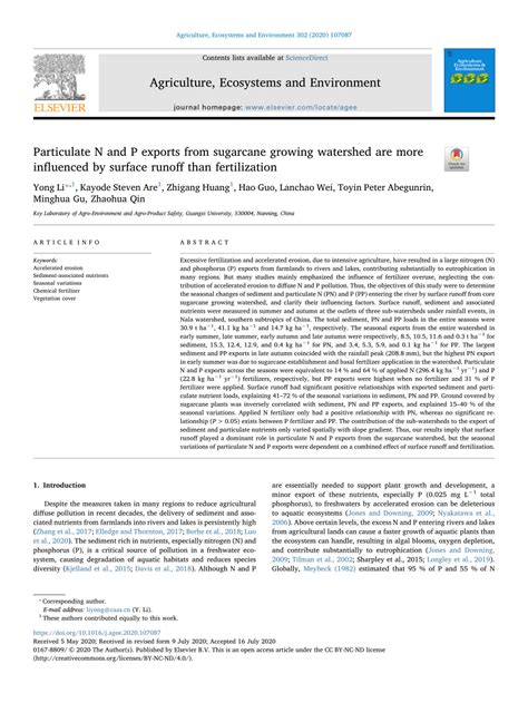 Pdf Particulate N And P Exports From Sugarcane Growing Watershed Are