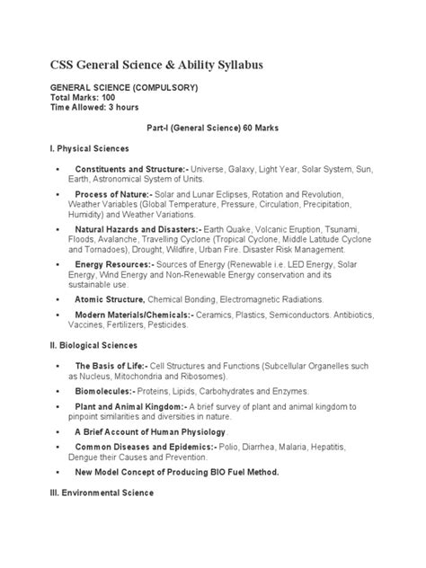 Css General Science And Ability Syllabus Pdf Foods Pollution