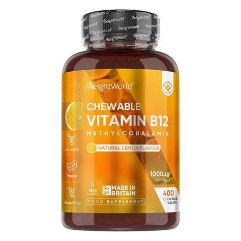 400 Chewable Vitamin B12 Tablets 1000µg Lemon Flavour Weightworld