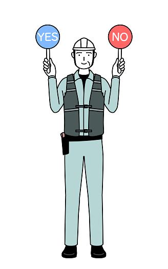 헬멧과 작업복을 입은 선임 남성 엔지니어가 정답과 오답을 나타내는 플래카드를 들고 있습니다 Practice Drill에 대한 스톡 벡터 아트 및 기타 이미지 Istock