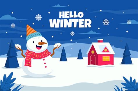 눈사람과 집이 있는 겨울철의 평평한 배경 무료 벡터