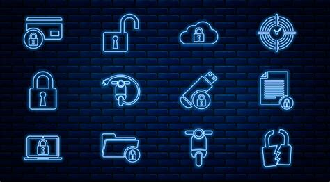 라인 설정 깨지거나 금이 간 잠금 장치 문서 및 클라우드 컴퓨팅 전기 스쿠터 잠금 신용 카드 Usb 플래시 드라이브 및 자물쇠 아이콘 열기 벡터 0명에 대한 스톡 벡터 아트