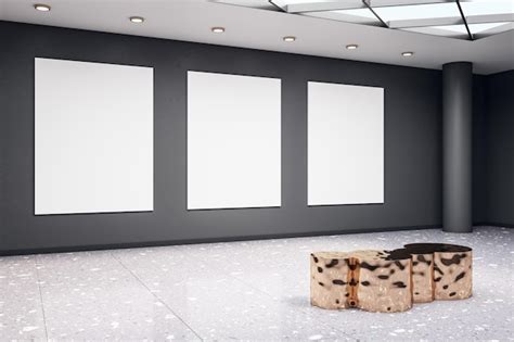 콘크리트 벽에 반 ⁇ 이는 황금색 좌석과 빈 ⁇ 모의 프레임으로 현대적인 전시장 인테리어 갤러리와 아트 콘셉트 3d 렌더링 프리미엄 사진