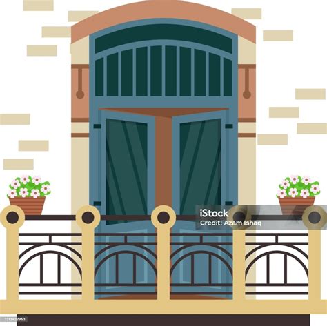 현대 해석 및 장식 컨셉 벡터 컬러 아이콘 디자인 발코니 및 창 전면 보기 기호 빈티지 및 클래식 발코니 재고가있는 하우스 외부 디자인 아이디어의 프렌치 발코니 가정의 방에