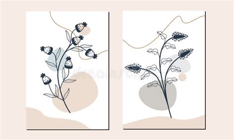 Set Of Two Minimal Hand Drawn Flowers Wall Art Aesthetic Line Art Floral Wall Decor Stock