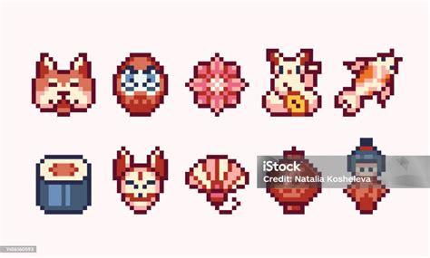 일본 문화 상징 픽셀 아트 세트 전통적인 도쿄 랜드마크 컬렉션 마네키 네코 다루마 코케시 인형 사쿠라 잉어 8 비트 Brand Name Video Game에 대한 스톡 벡터