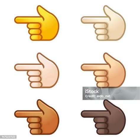 다른 분위기의 이모티콘 감성적인 검지 손가락 가리키는 왼쪽 이모티콘 다양한 피부 톤의 손 세트귀여운 만화 양식화된 벡터 만화