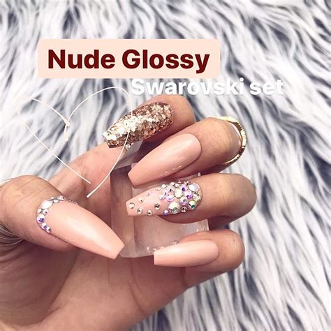 Nude Gold Swarovski Crystal Glossy Press On Nails Unicorn Any Shape