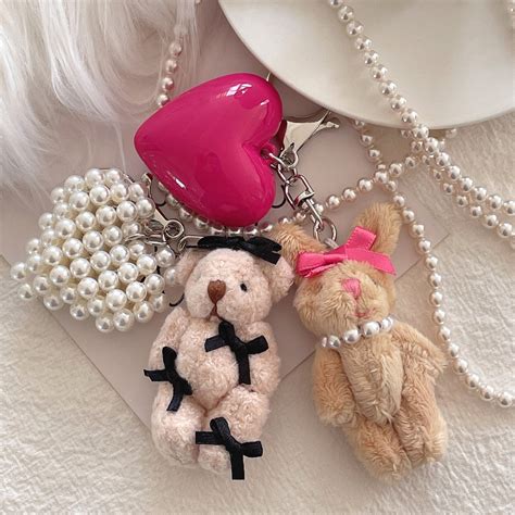 하트 베이비 토끼 곰 인형 키링 진주 리본 펜던트 고리 가방 핸드폰 스트랩 아이폰 갤럭시 열쇠
