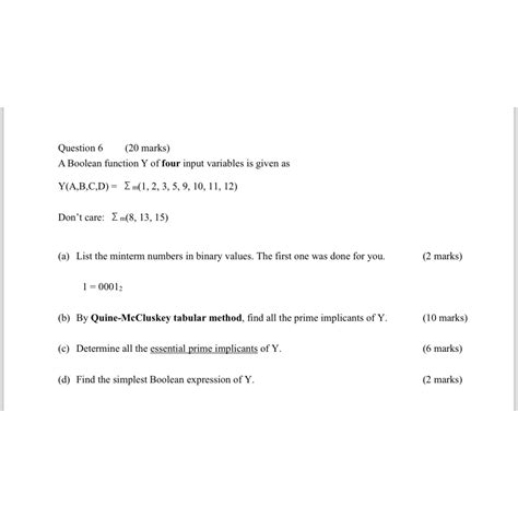 Solved Question 6 20 ﻿marksa Boolean Function Y ﻿of Four
