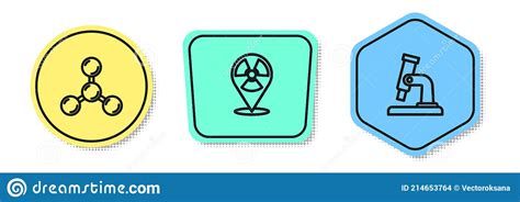 Set Line Molecule Radioactive In Location And Microscope Colored Shapes Stock Vector