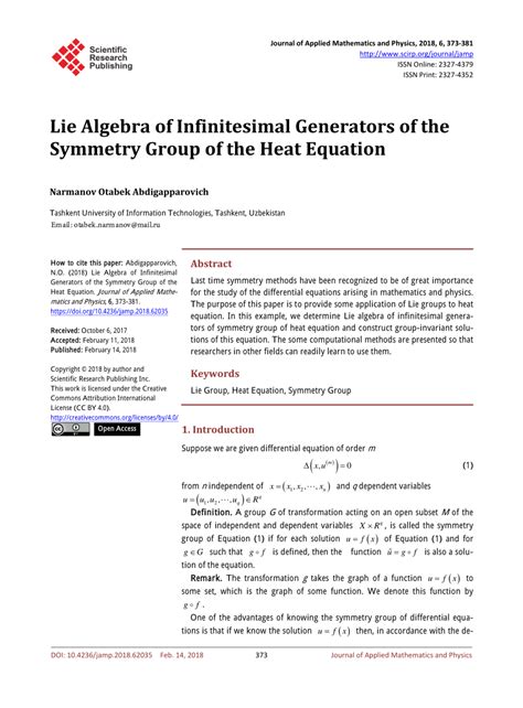 Pdf Lie Algebra Of Infinitesimal Generators Of The Symmetry Group Of
