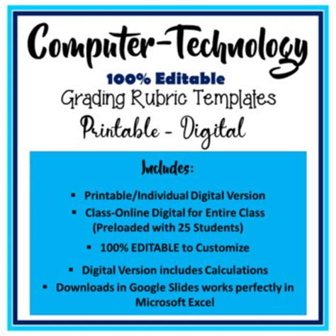 Computer Technology Editable Grading Rubric Gradebook Templates