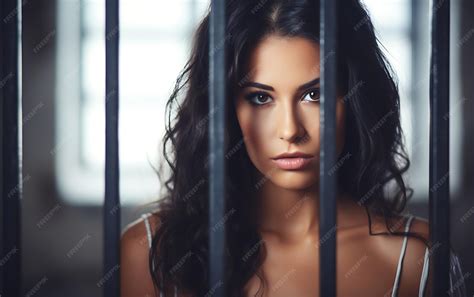 Premium Ai Image Criminal Woman Behind Prison Bars Looking At Camera