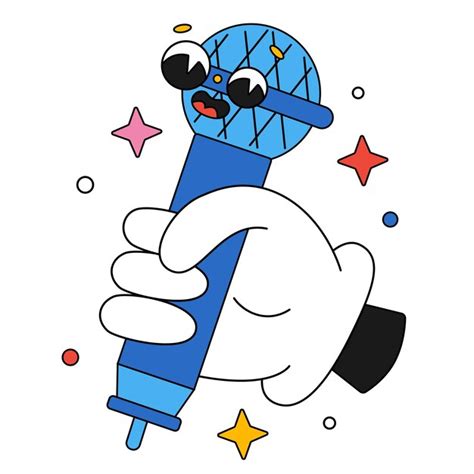 얼굴로 마이크를 들고 있는 손으로 그린 최신 유행의 전통 만화 그림 프리미엄 벡터