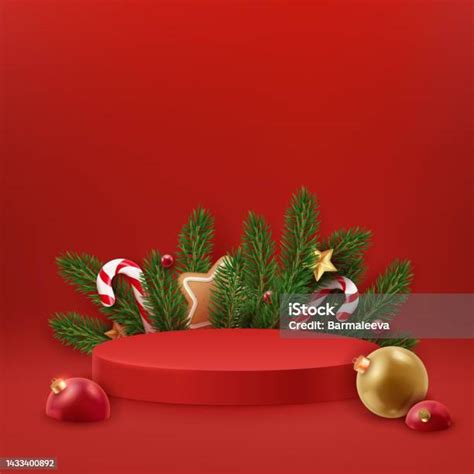 전나무 사탕 지팡이 크리스마스 공 및 별이있는 크리스마스 붉은 연단 휴일 배경 크리스마스와 새해 3d 장면 제품 전시를위한 연단 3차원 형태에 대한 스톡 벡터 아트 및 기타