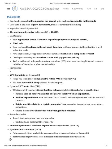 Aws Saa C02c03 Cheat Sheet Dynamodb Pdf