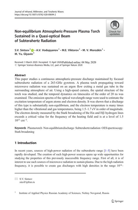Pdf Non Equilibrium Atmospheric Pressure Plasma Torch Sustained In A Quasi Optical Beam Of