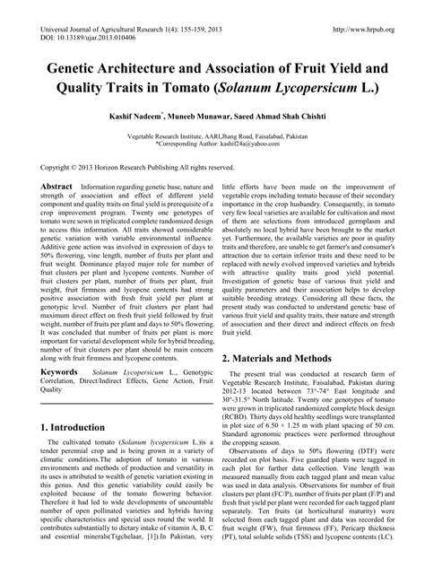 Pdf Genetic Architecture And Association Of Fruit Yield And Quality Traits In Tomato Solanum