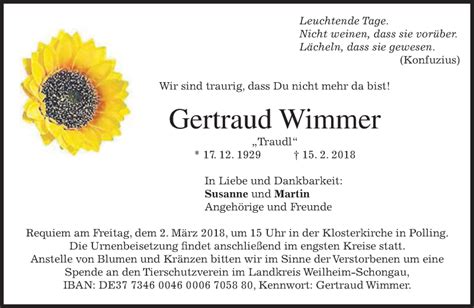 Traueranzeigen Von Gertraud Wimmer Trauer Merkur De