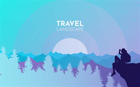 산 의 가장자리에 앉아 여자 자연을 발견하고 탐험하고 관찰하는 여행 개념 하이킹 관광 모험 미니멀 한 그래픽 전단지 다각형 플랫