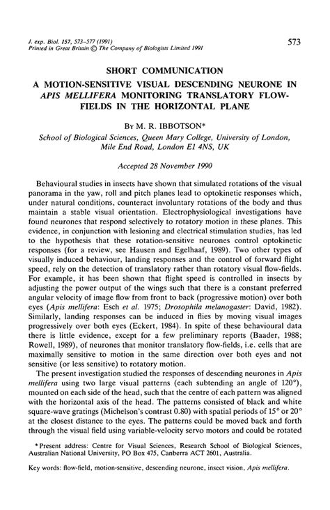 Pdf A Motion Sensitive Visual Descending Neurone In Apis Mellifera Monitoring Translatory Flow