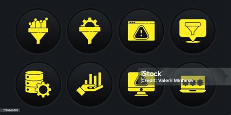Set Server And Gear Location With Sales Funnel Pie Chart Infographic Monitor Exclamation Mark