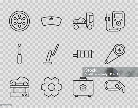 리프트 자동차 백미러 트랜스포터 트럭 기어 합금 휠 윈드스크린 와이퍼 툴박스 및 타이밍 벨트 키트 아이콘에 라인 수리 차량을 설정합니다 벡터 상징에 대한 스톡 벡터 아트 및