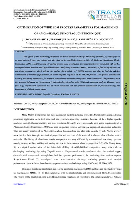 Pdf Optimization Of Wire Edm Process Parameters For Machining Of Amcs