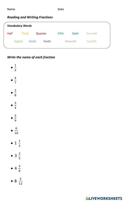 fractions interactive worksheet reading and writing